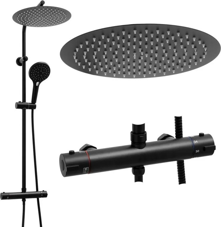 Erga Bergen, sprchový set s termostatickou baterií a dešťovou sprchou 30 cm, černá matná, ERG-YKA-BP.BERGEN THERM 30 BLK