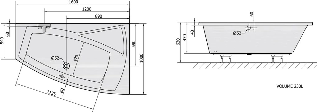 Polysan EVIA R asymetrická vana 160x100x47cm, bílá 12611