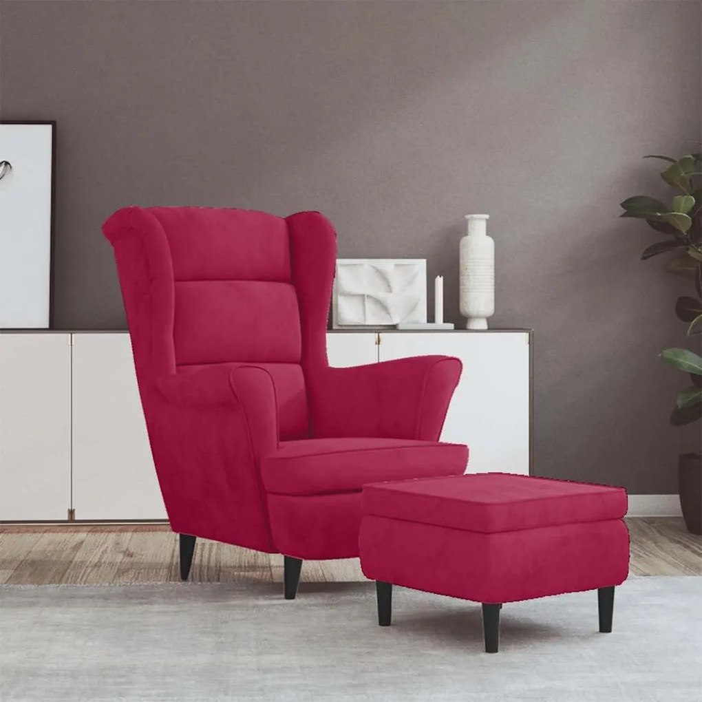 vidaXL Křeslo ušák se stoličkou samet [3115930] Barva: vínová červená