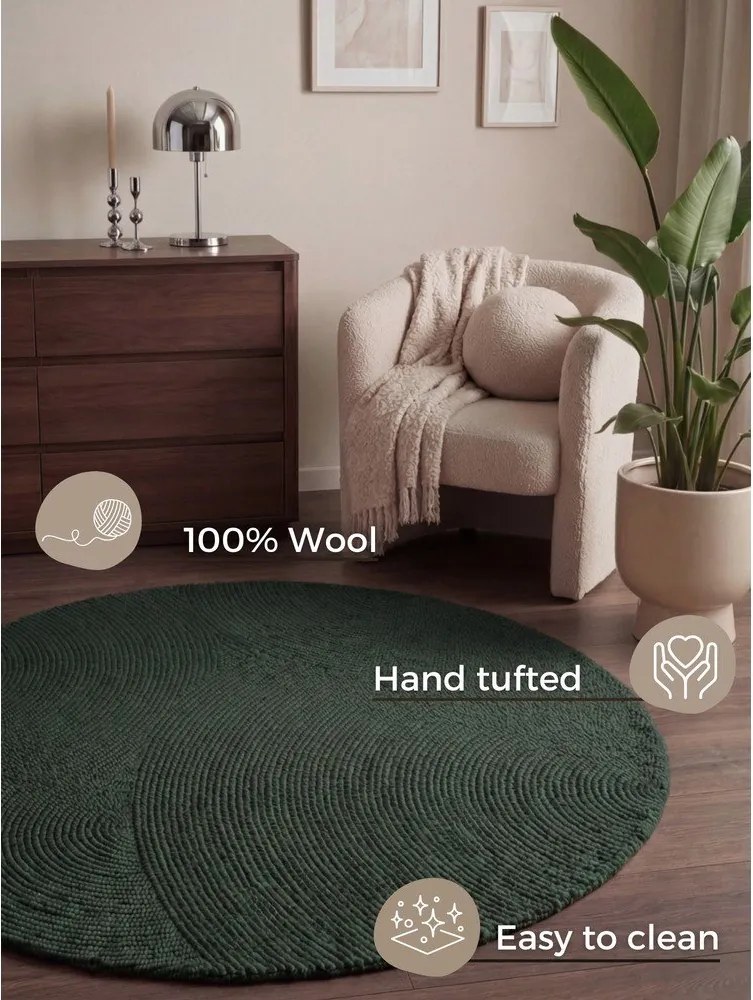 Tmavě zelený ručně tkaný vlněný kulatý koberec ø 120 cm Calmio – Hanse Home