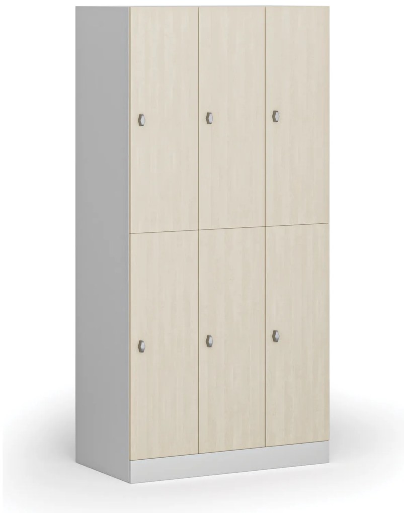 Šatní skříňka S1 s úložnými boxy, 6 boxů, 1850 x 900 x 500 mm, otočný zámek, laminované dveře, bříza