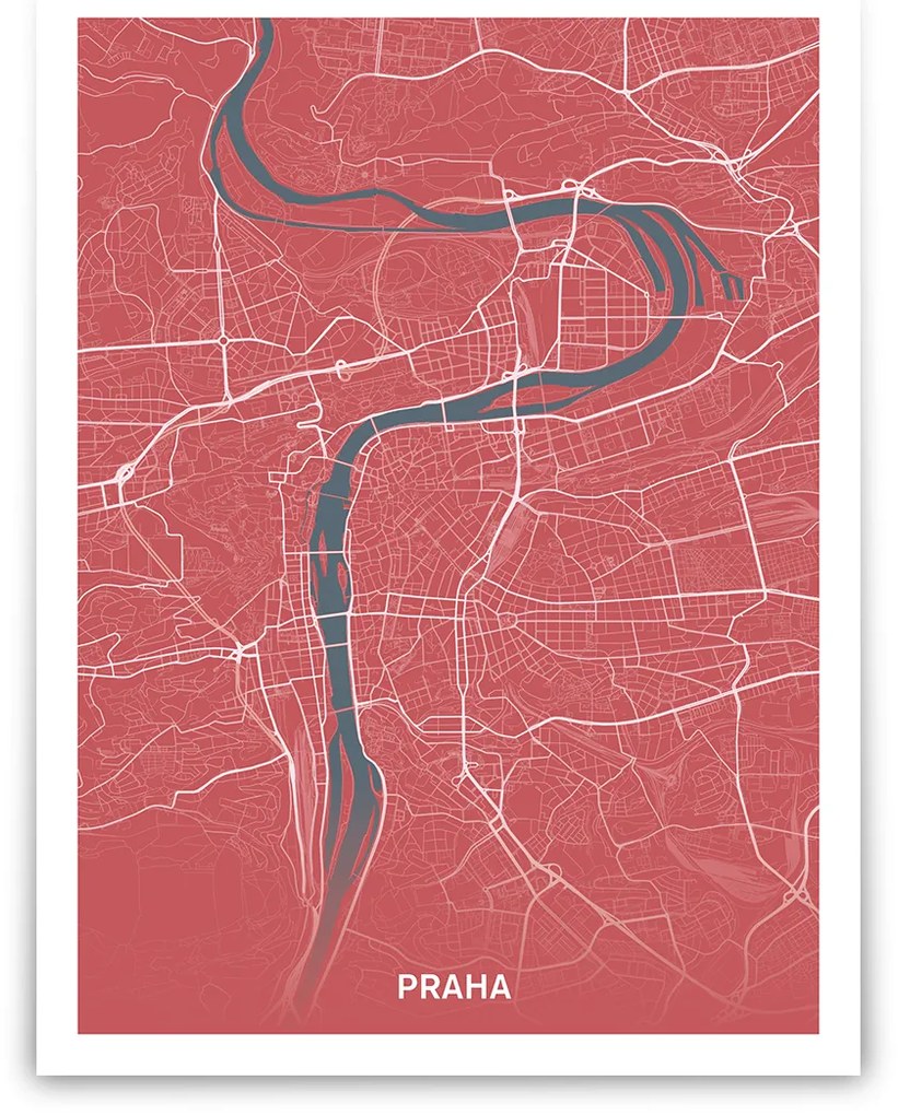 Praha – silnice - města – mapa doztracena / město – červená / papír / 30×40 cm