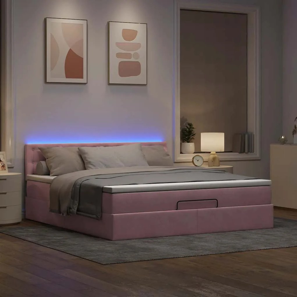 Osmanská postel s matrací & LED růžová 180x200cm samet 3312787