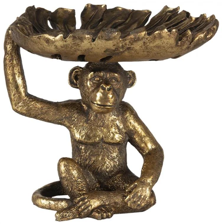 Zlatá dekorativní soška opice s podnosem ve tvaru listu – 21x17x19 cm