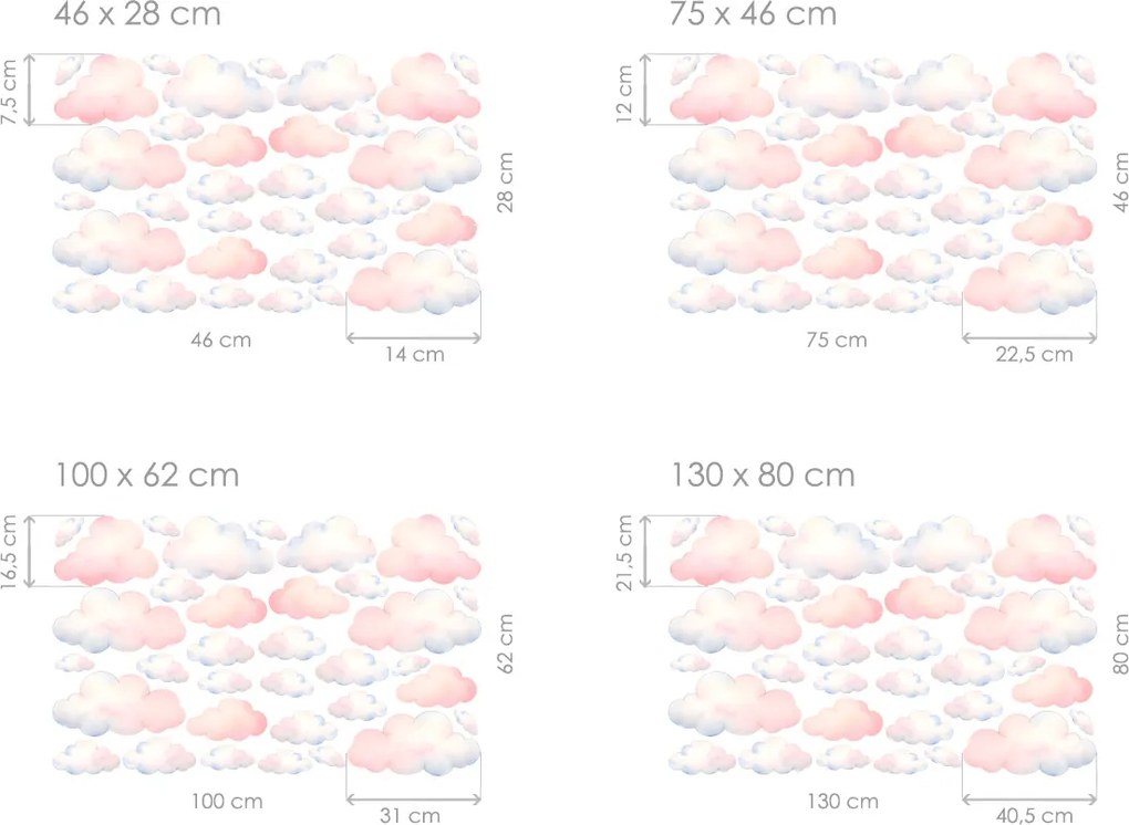 Akvarelové obláčky textilní přelepitelné samolepky na zeď arch 46 x 28 cm