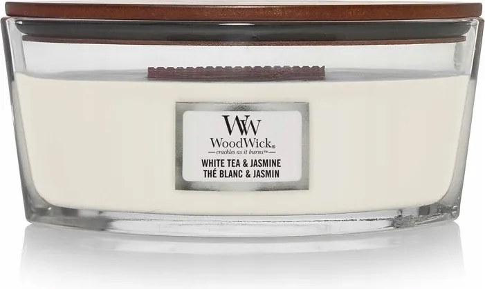 WoodWick vonná svíčka s dřevěným knotem Elipsa White Tea and Jasmine 453,6g