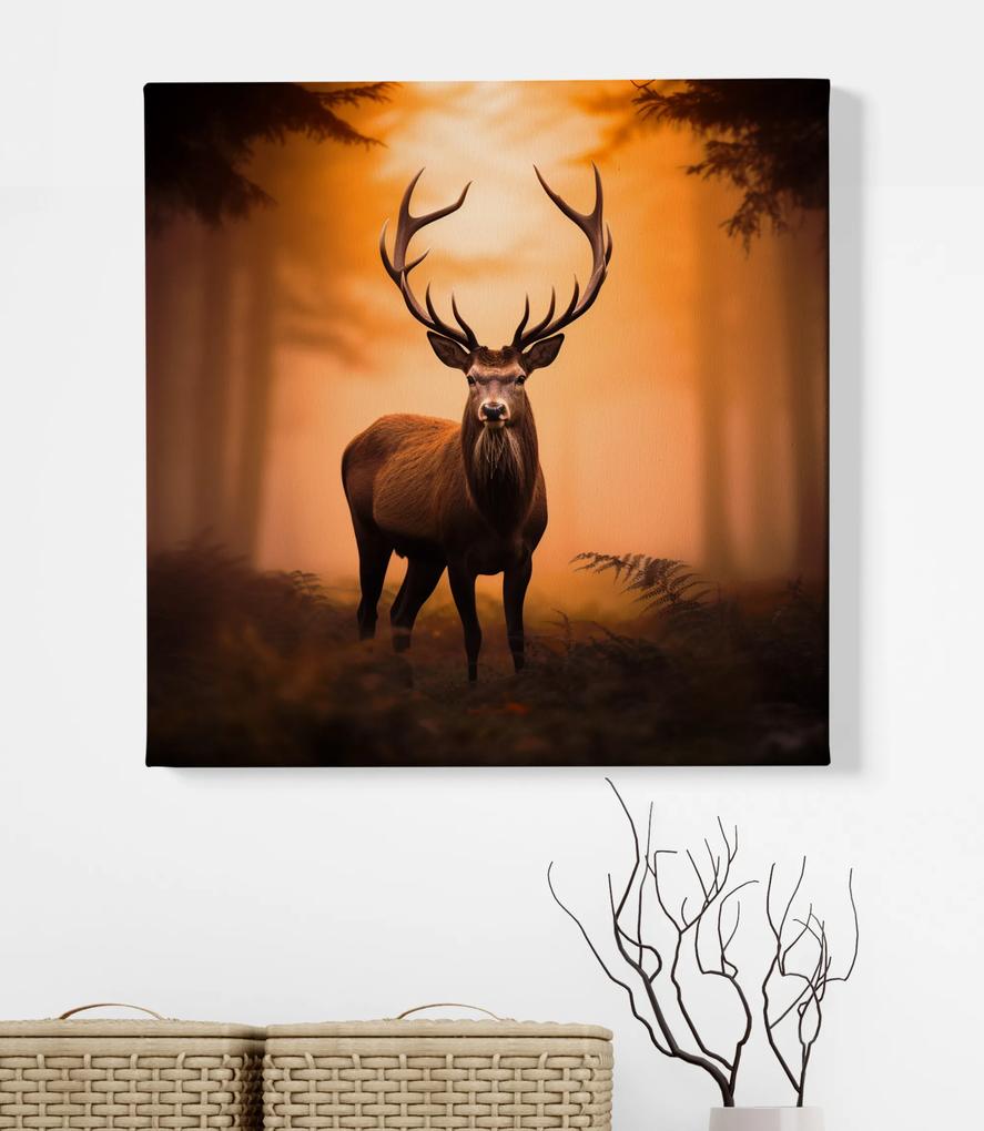 Obraz na plátně - Majestátní jelen v podzimním lese FeelHappy.cz Velikost obrazu: 100 x 100 cm