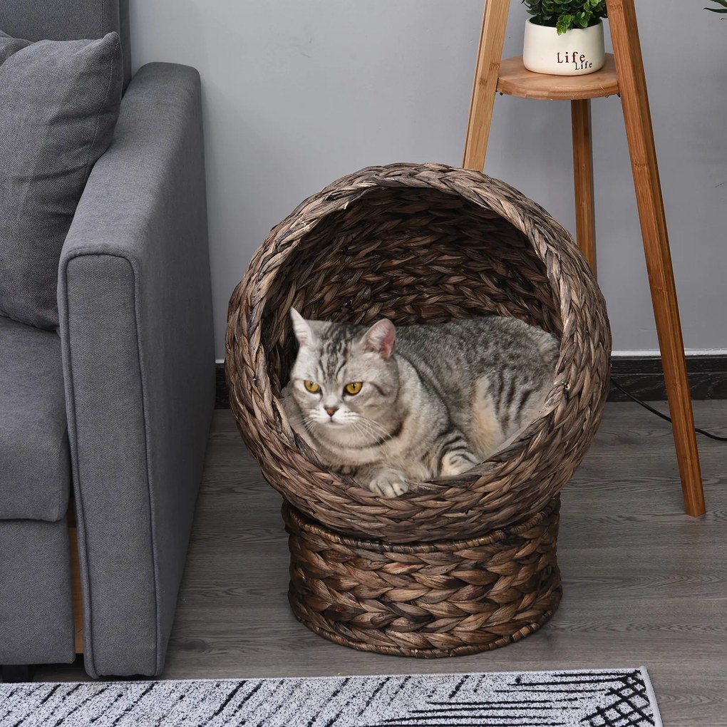 PawHut ratanový koš pro kočky útulná kočičí jeskyně z vodního hyacintu tmavě hnědá 50x42x60cm ideální do obývacího pokoje