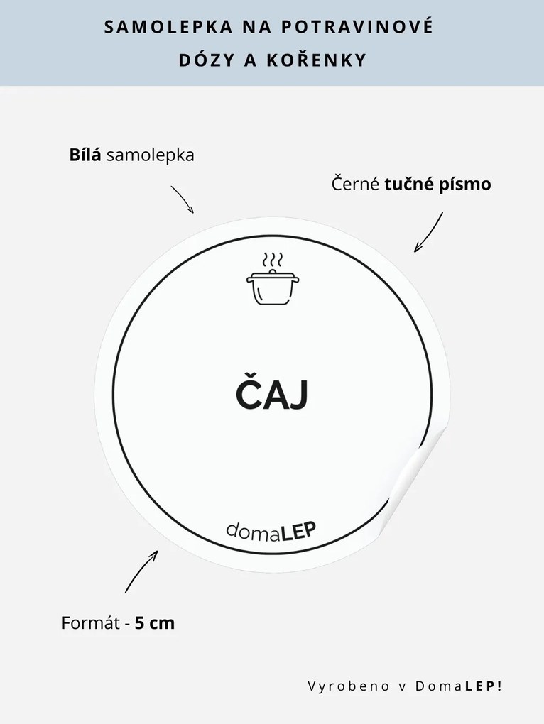 ČAJ – bílá samolepka na dózu, tučné písmo, 5 cm | DomaLEP