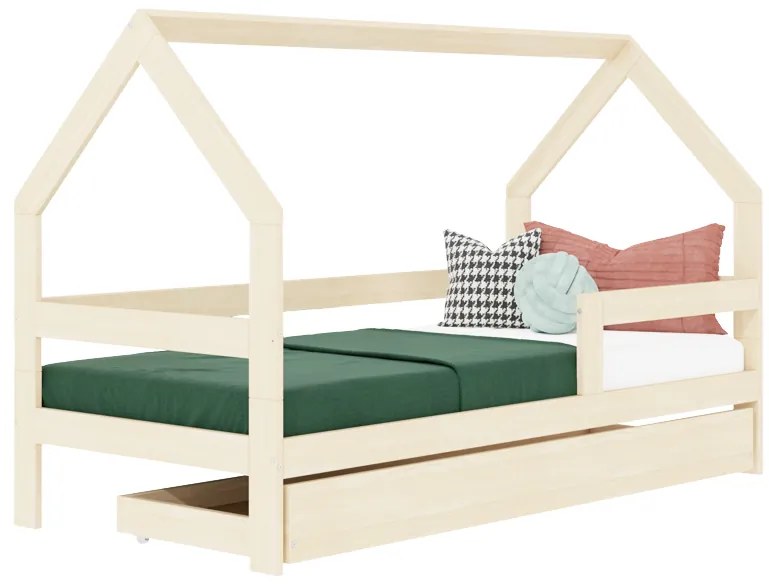 Benlemi Dětská dřevěná postel domeček SAFE 3v1 se zábranou a úložným šuplíkem Zvolte barvu: Béžová, Zvolte rozměr: 90x180 cm, Zvolte zábranu: S otevřeným vstupem