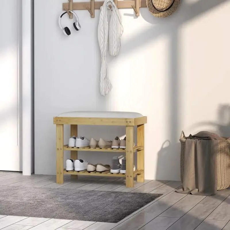 Botník, lavice na boty, přírodní bambus, látka, přírodní, krémová, NoBi KALBA
