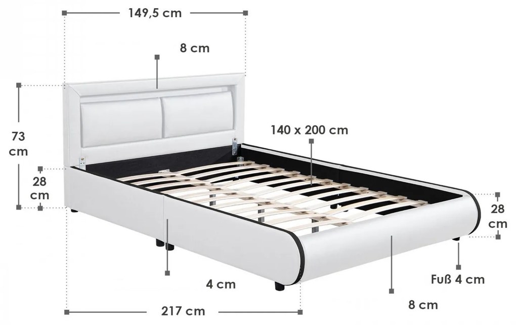 Goleto Čalouněná postel Murcia s LED osvětlením 140 x 200 cm | bílá