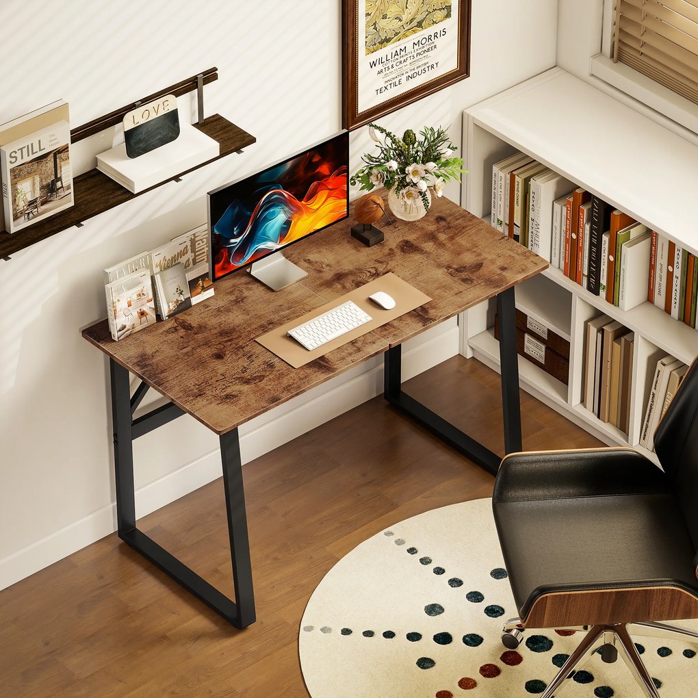 HOMCOM Psací stůl, počítačový stůl s ocelovým rámem, kancelářský stůl PC stůl 120x60x76 cm rustikálně hnědá + černá