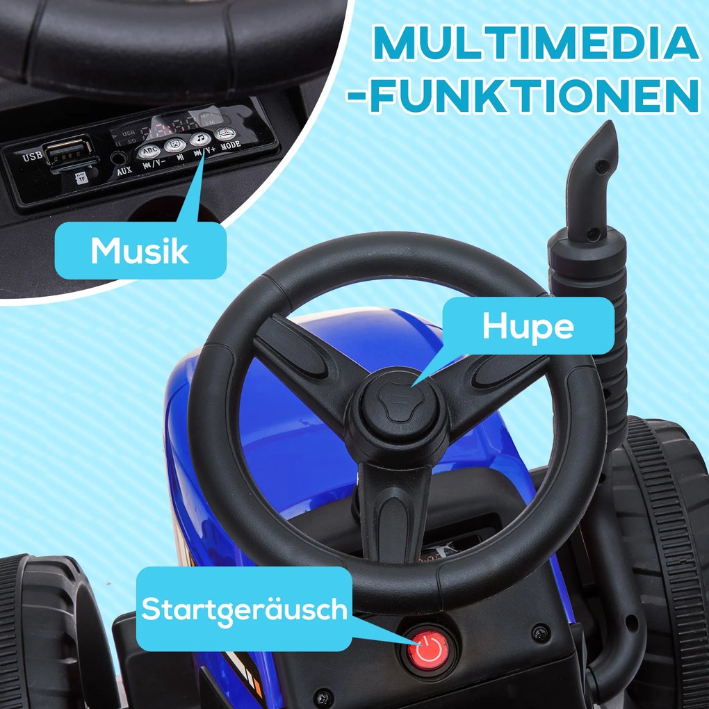 HOMCOM Elektrický dětský traktor s dálkovým ovládáním a přívěsem, MP3 světlomet, 3-6 km/h, pro děti od 3 do 6 let, modrý |