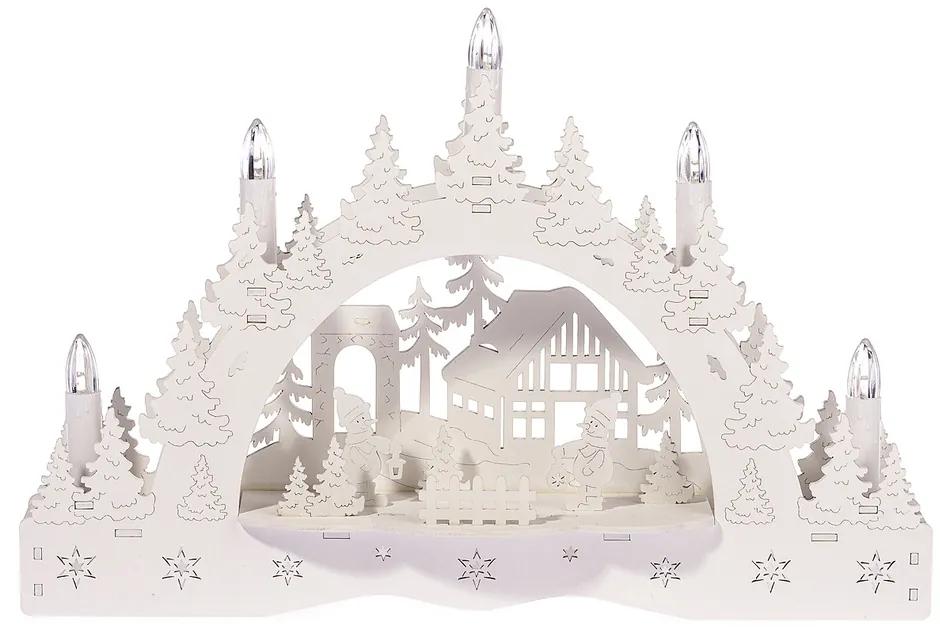 Vánoční LED svícen Zimní krajina, chaloupka a sněhulák, 35 x 23 x 7,5 cm