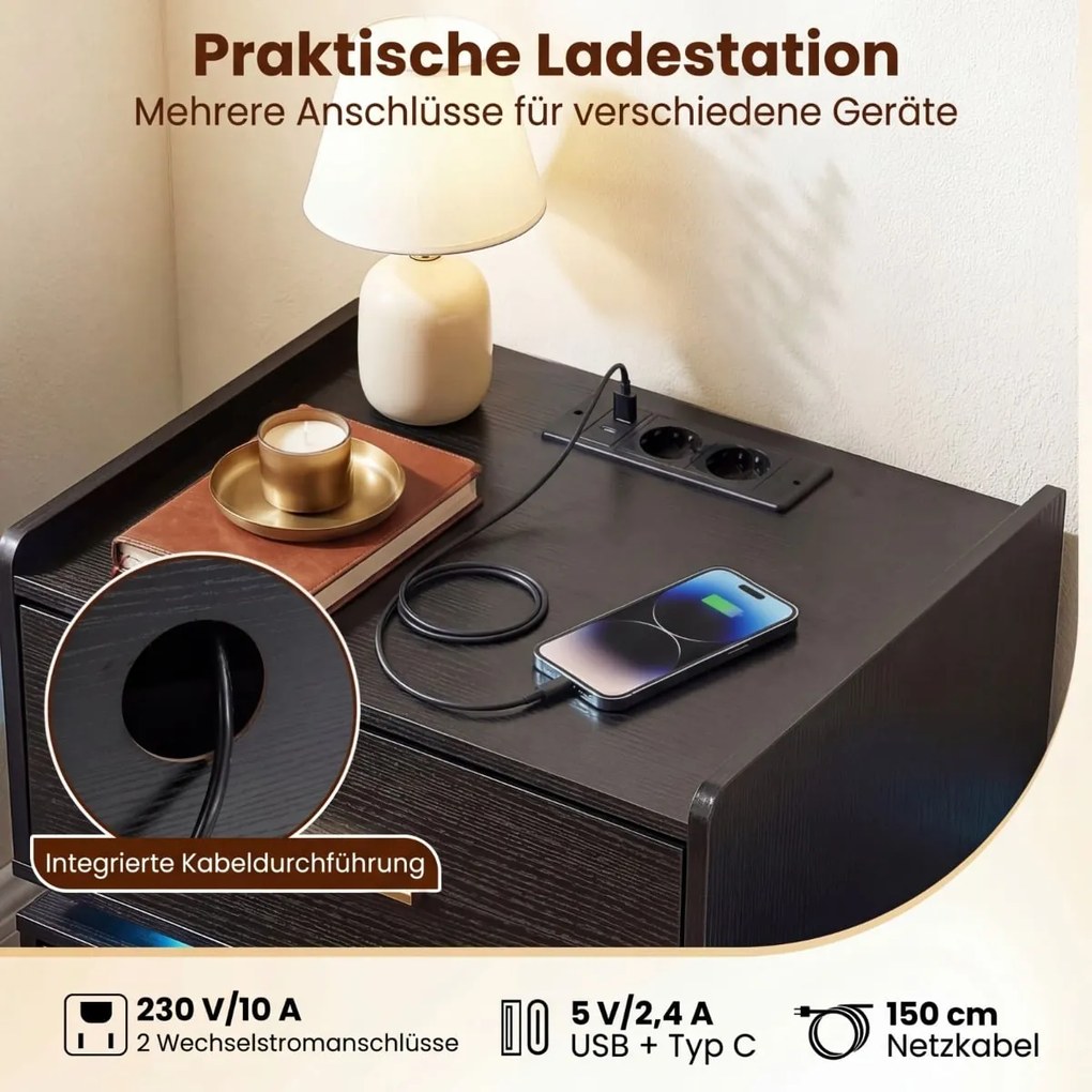 Costway Noční stolek s nabíjecí stanicí LED 2 zásuvky moderní poloplovoucí