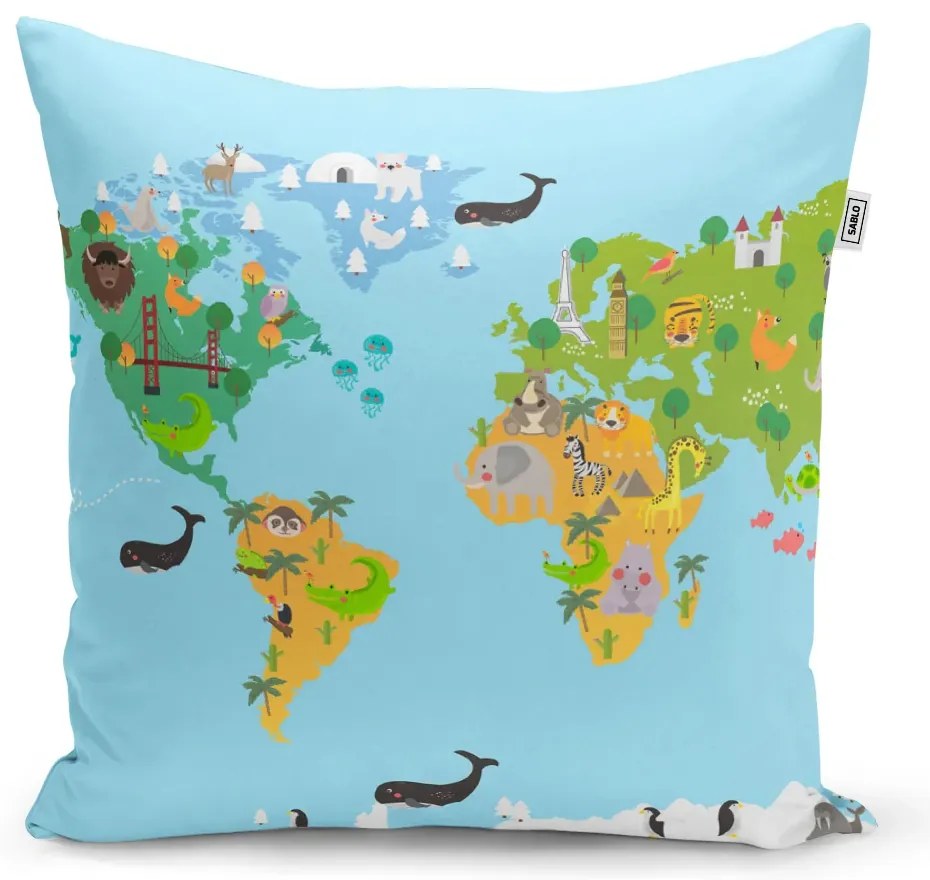 Sablio Polštář Zvířecí mapa světa - 40x40 cm