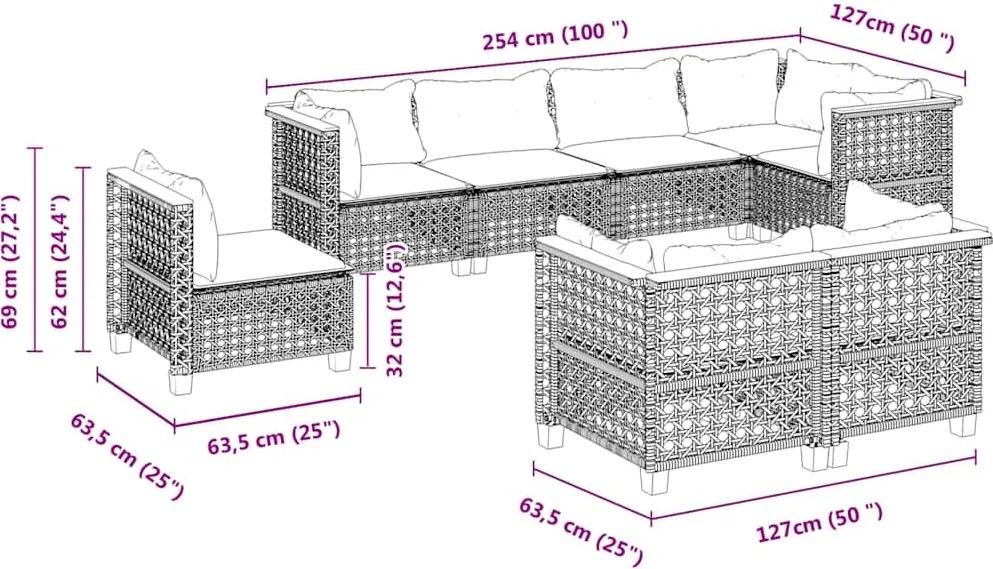 8dílná zahradní sedací souprava s poduškami béžová polyratan 3261904