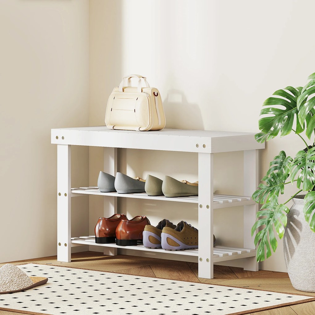 HOMCOM Bambusová botníková lavička se sedadlem, 3-patrový organizér na boty pro 6 párů do předsíně, obývacího pokoje nebo ložnice 70x28x45 cm Bílá