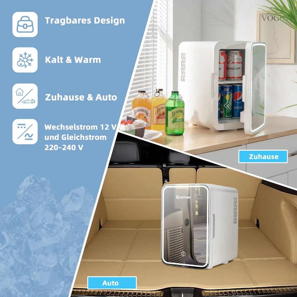 Costway Mini lednice 10 l přenosná lednice s LED zrcadlem – 23 × 28 × 34 cm