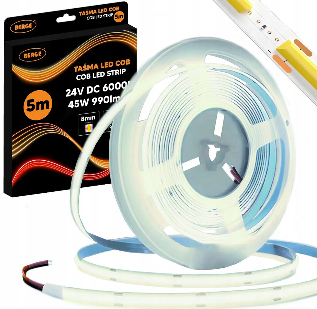BERGE LED pásek COB Neon 24V - 480D - 9W/m - IP20 - 990lm - 5m - studená barva