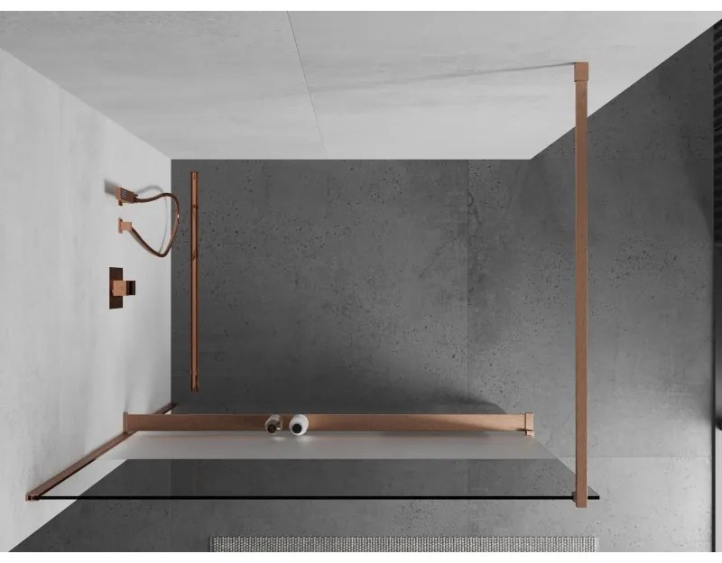 Mexen Kioto+, sprchová zástěna Walk-In s poličkou a věšákem 100 x 200 cm, 8mm čiré sklo-námraza, měděný matný profil, 800-100-121-65-35