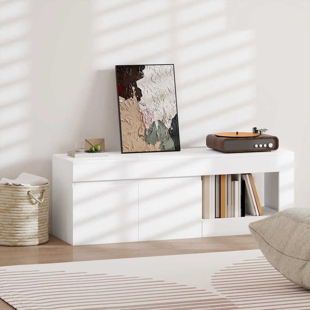 HOMCOM moderní TV nábytek do obývacího pokoje s 2 dveřmi, otevřeným oddílem, pro televizory až do 152,4 cm, 140x40x48 cm, bílý