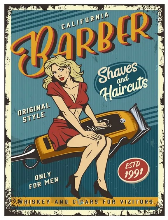 Modrá nástěnná kovová cedule Barber – 25x1x33 cm