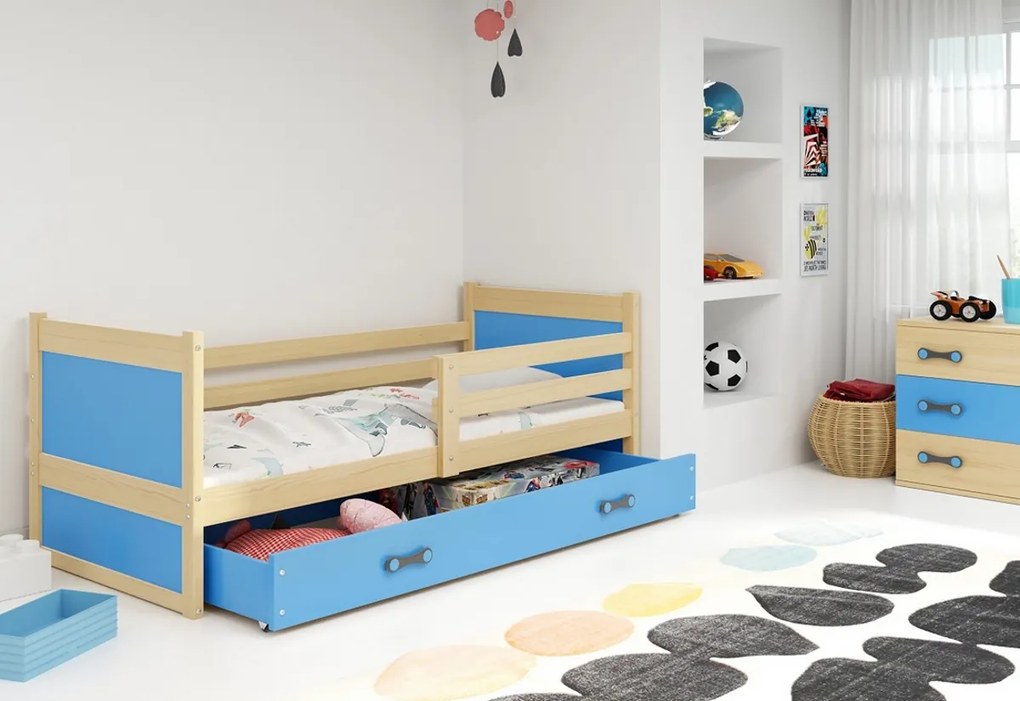 Expedo Dětská postel FIONA + úložný prostor + matrace + rošt ZDARMA, 80x190 cm, borovice, blankytná