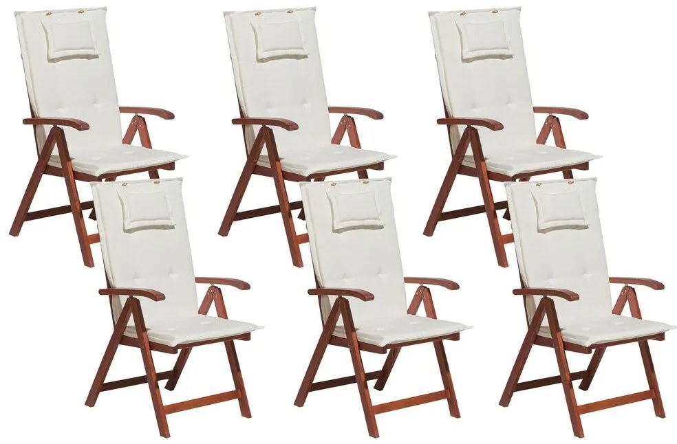 Sada 6 dřevěných zahradních židlí s bílými polštáři TOSCANA Beliani