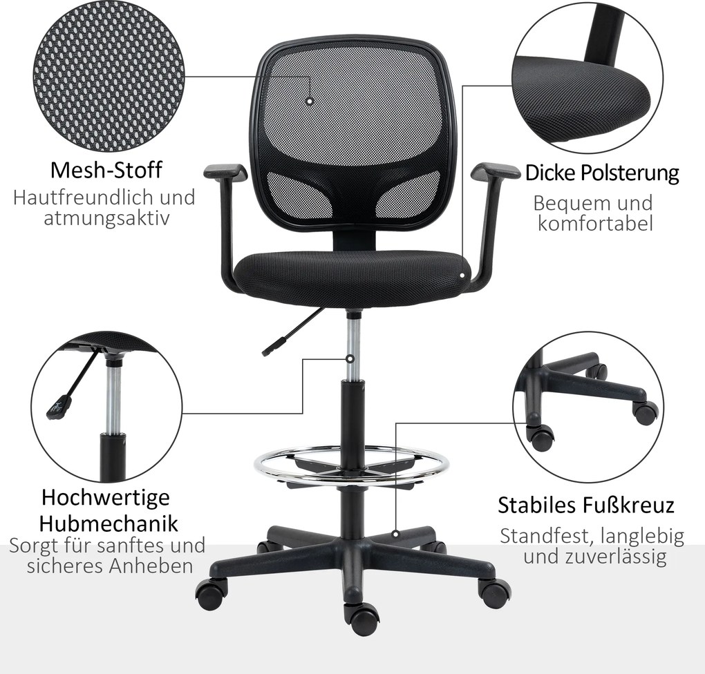 Ergonomická kancelářská židle Vinsetto kancelářská židle, otočná židle, kreslící židle, nastavitelný kroužek na nohy, do 120 kg, černá, 60x56x110-132…