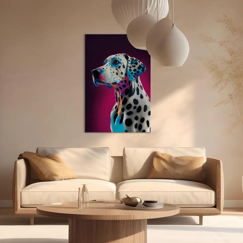 Obraz AI dalmatýnský pes - fialový pes v růžovém pokoji - vertikální