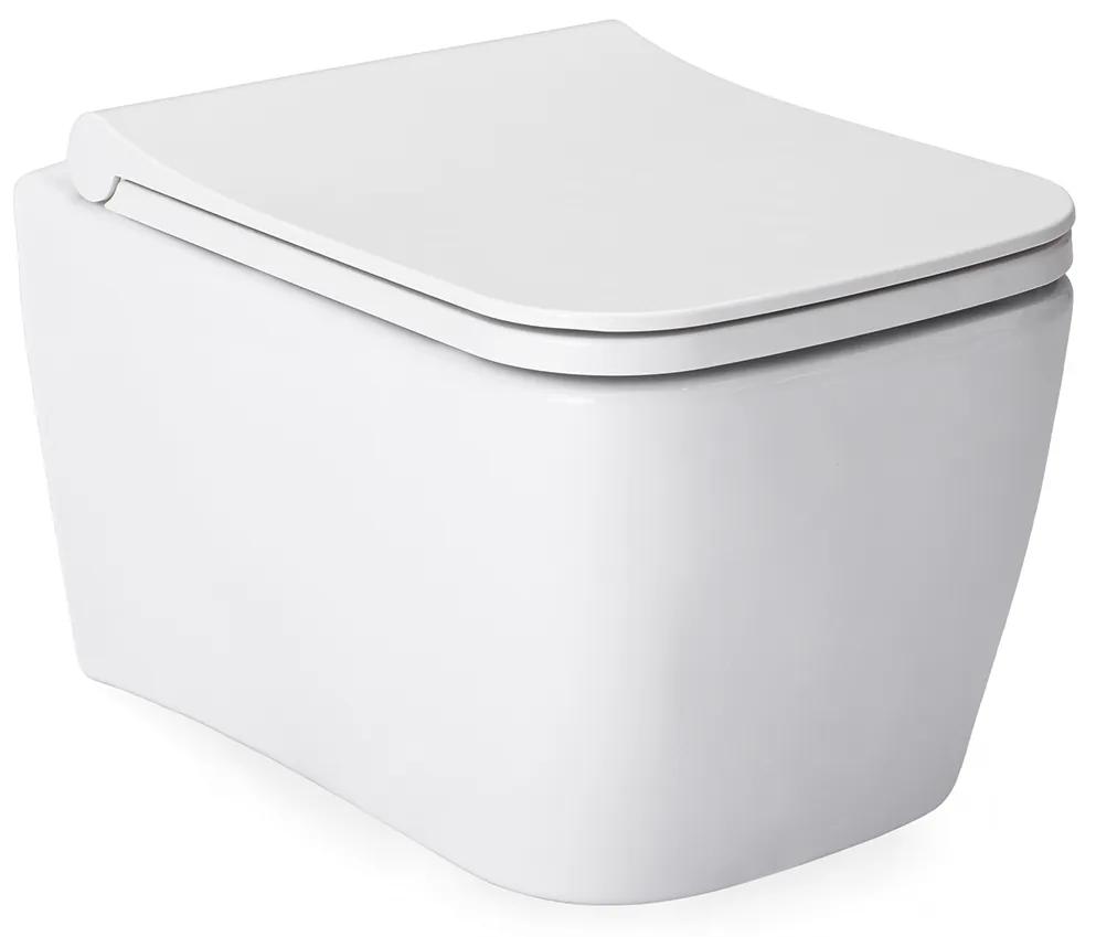 CERANO - Závěsná WC mísa Quartz, Rimless + sedátko Quartz, softclose - bílá lesklá - 36x49 cm