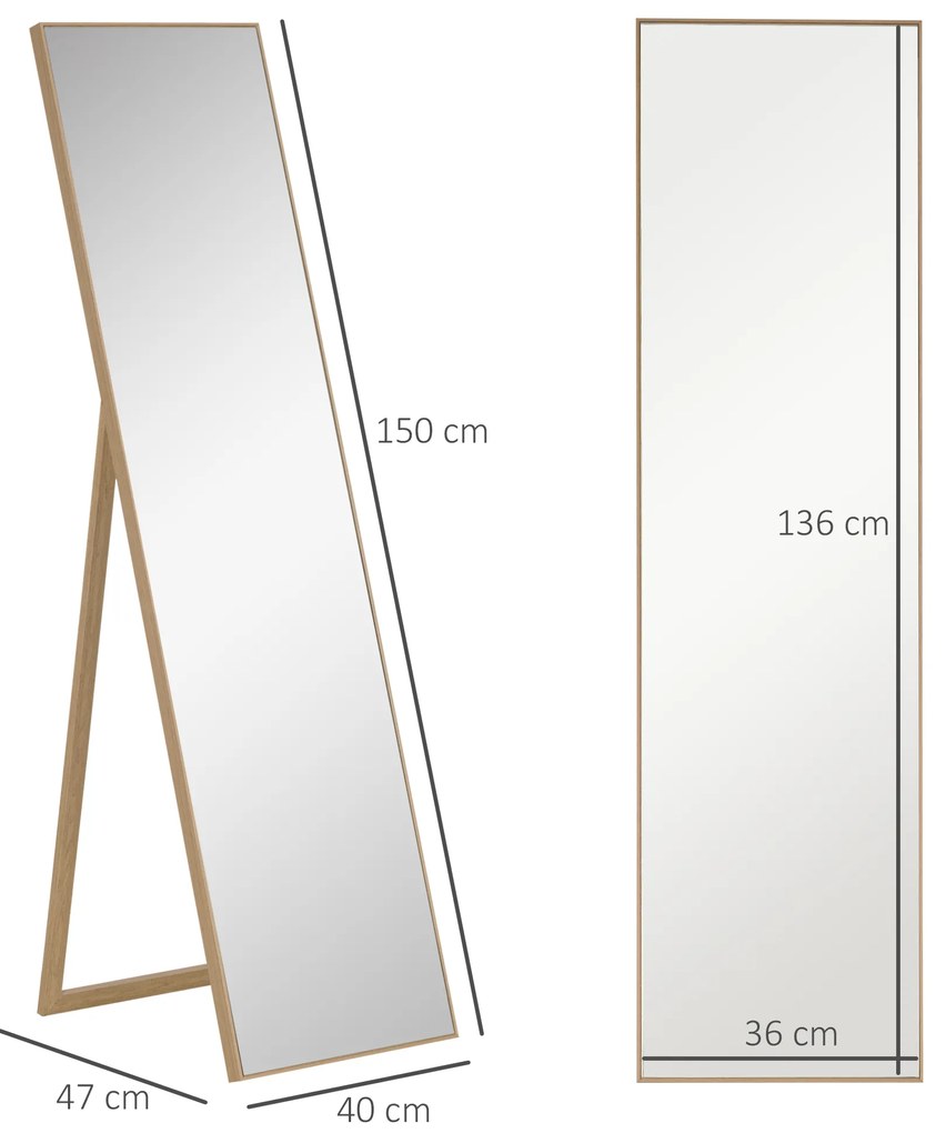 HOMCOM Stojací zrcadlo s dřevěnou strukturou Zrcadlo v plné délce Toaletní zrcadlo Make-up zrcadlo Stříbrná světle hnědá 40 x 35 x 147 cm do ložnice …