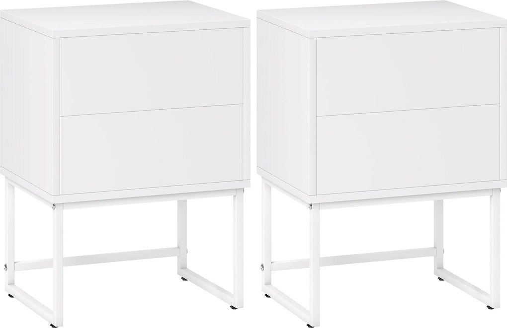 HOMCOM Sada 2 Úzkých Nočních Stolků s 2 Výsuvnými Zásuvkami a Ocelovými Nohy Moderní Styl 40x30x55 cm Bílá | Aosom