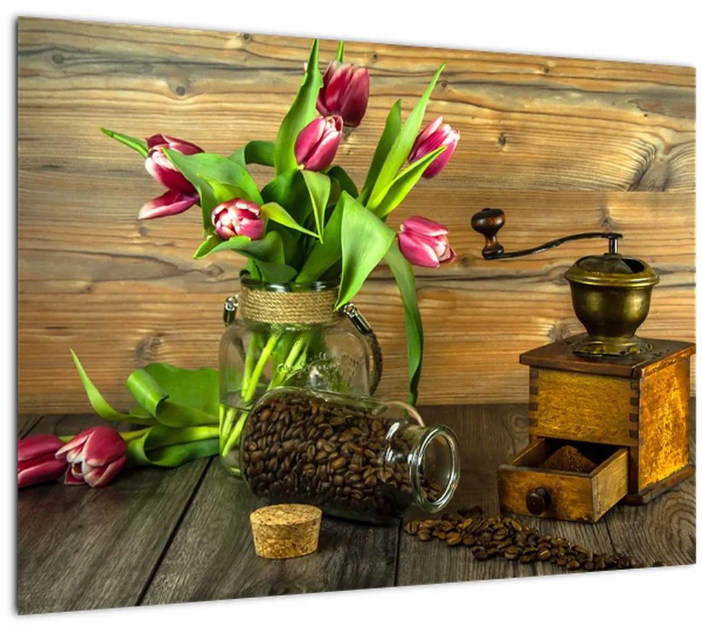 Skleněný obraz - tulipány, mlýnek a káva (70x50 cm)