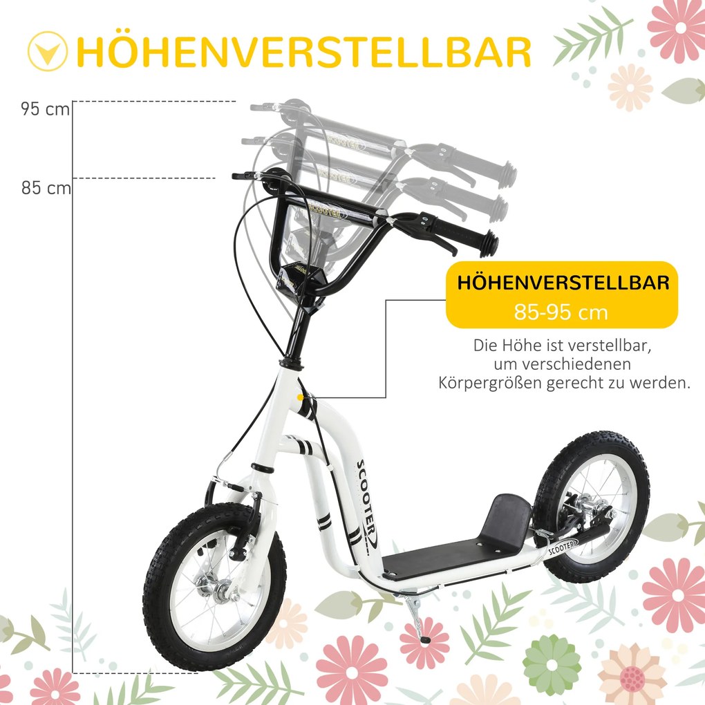 HOMCOM Dětská koloběžka Koloběžka od 5 let, dětská koloběžka Šlapací koloběžka Městská koloběžka s pneumatikami 12 palců, hliníková guma, bílá| Aosom