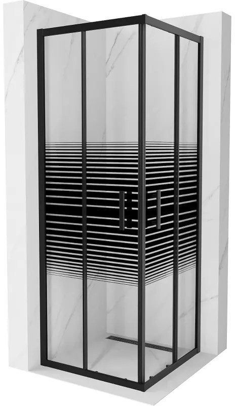 Mexen Rio, čtvercový sprchový kout s posuvnými dveřmi 70 (dveře) x 70 (dveře) x 190 cm, 5mm čiré sklo s pásky, černý profil, 860-070-070-70-20