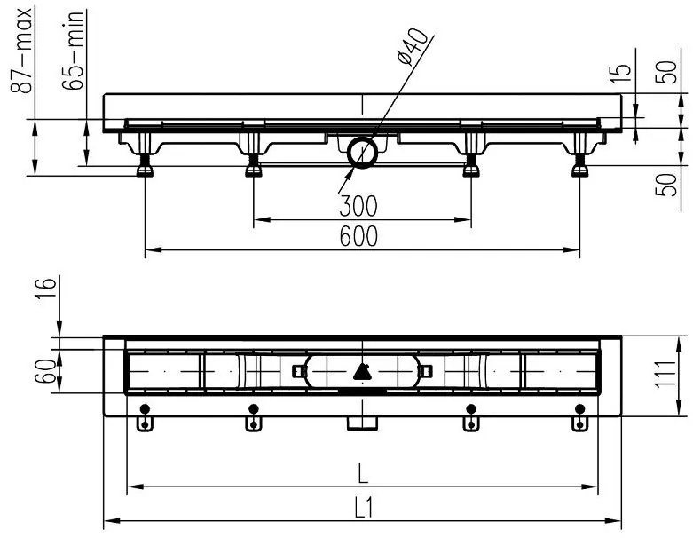 HACO Podlahový lineární žlab ke stěně 650 mm SQUARE mat