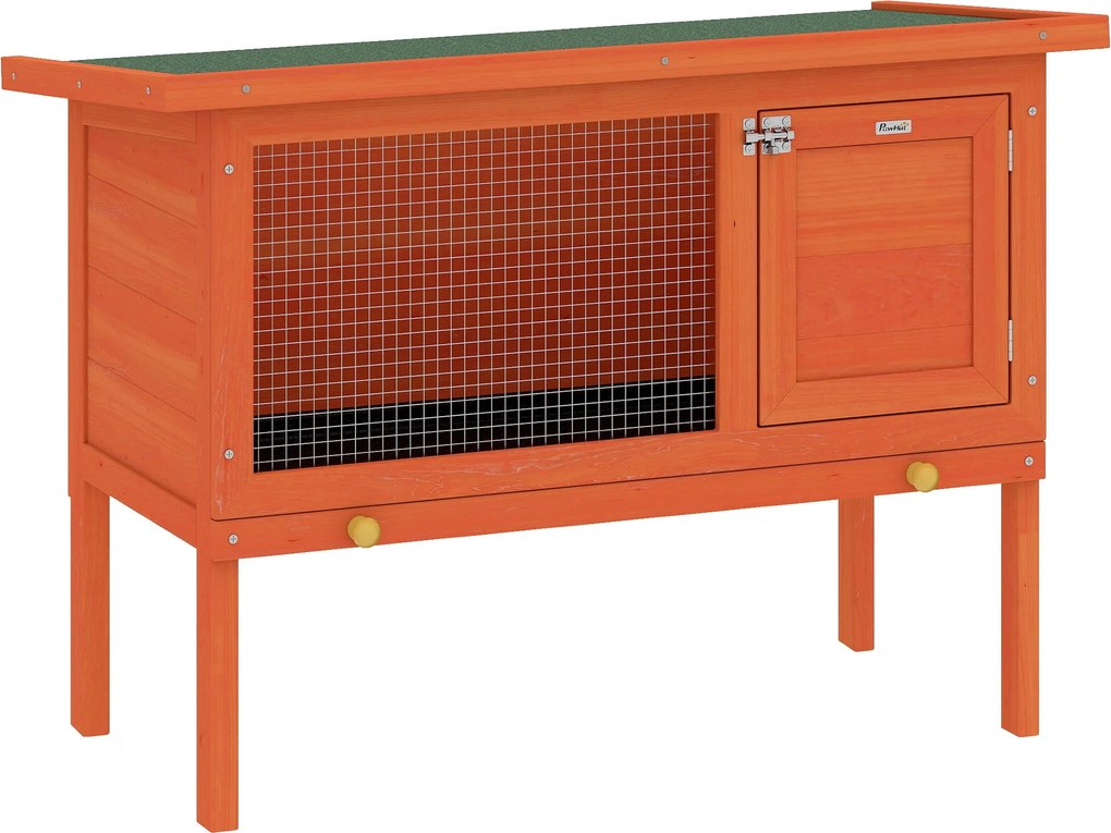 PawHut Zající kurník zvýšený králíkárna ze dřeva s otevíratelnou bitumenovou střechou vysouvací zásuvka 90x45x65 cm Oranžová