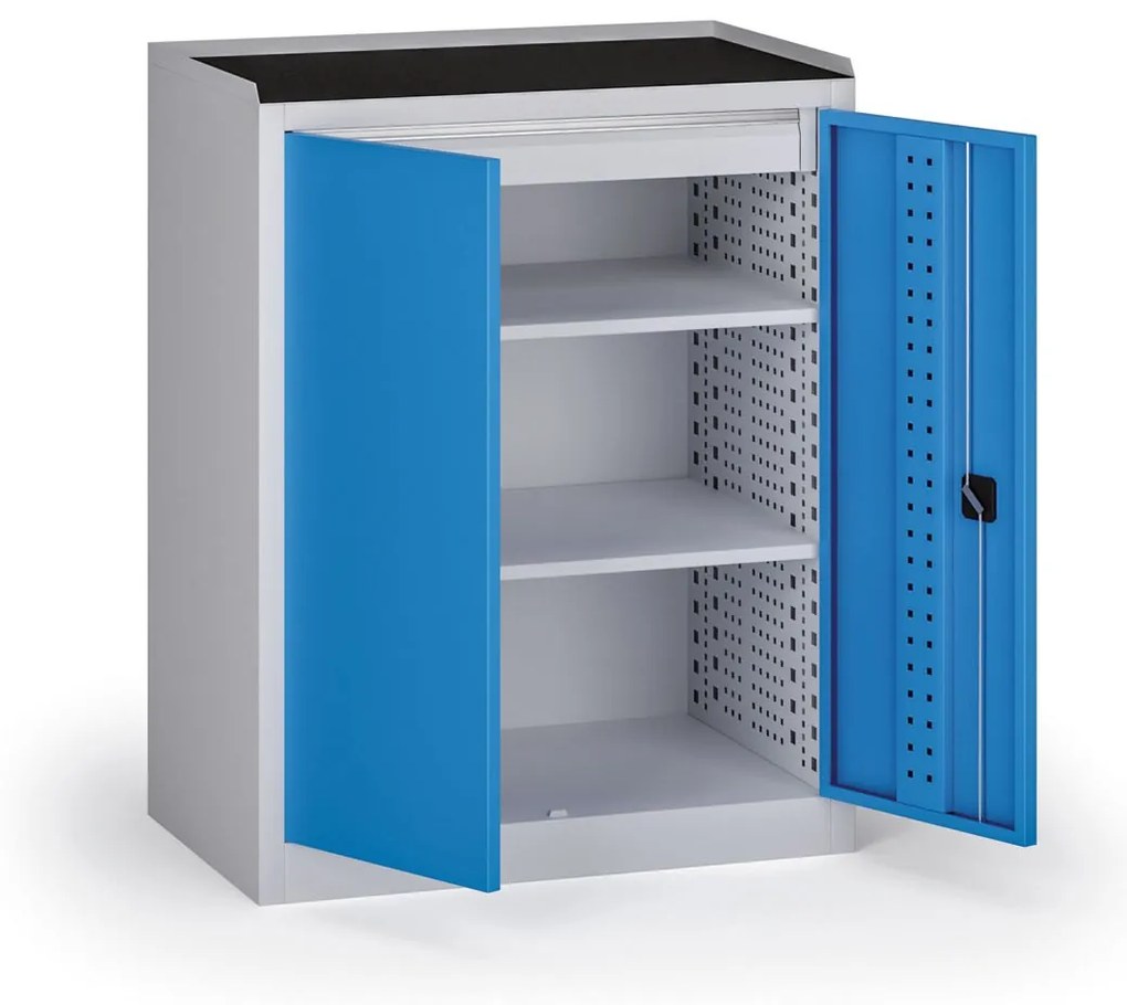 Dílenská skříň nízká na nářadí KOVOS, 2 police,1 zásuvka, 950 x 600 x 1180 mm, modrá