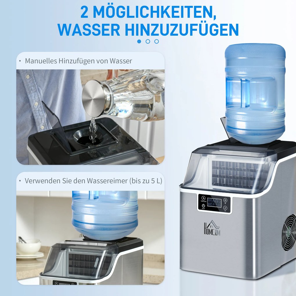 HOMCOM Výrobník kostek ledu, 20 kg/24h 2,3 l, s nádržkou na vodu 3,2 l, automatický čisticí program, nerezová ocel, 25,2 x 36 x 37,1 cm, stříbrná