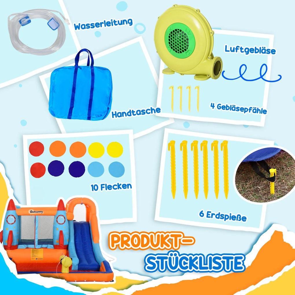 Outsunny nafukovací skákací hrad, hrací hrad se skluzavkou pro 4 děti, s foukačkou, hrací domeček pro 3-8 let, vzor raketa, polyester | Aosom