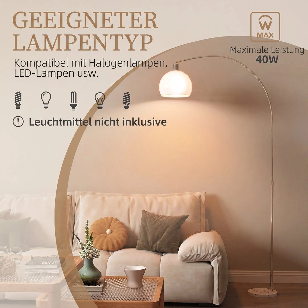 HOMCOM Stojací lampa, ohnutá hlava, nožní spínač, mramorový podstavec, plastový stínidlo, bílá