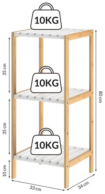 Casaria Bambusový regál 3 police, 80 x 33 x 34 cm, bílý 107919