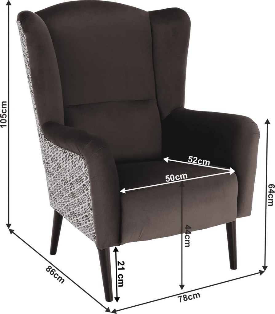 designové křeslo, ušák, Velvet látka hnědá / vzor Terra, Tempo Kondela BELEK