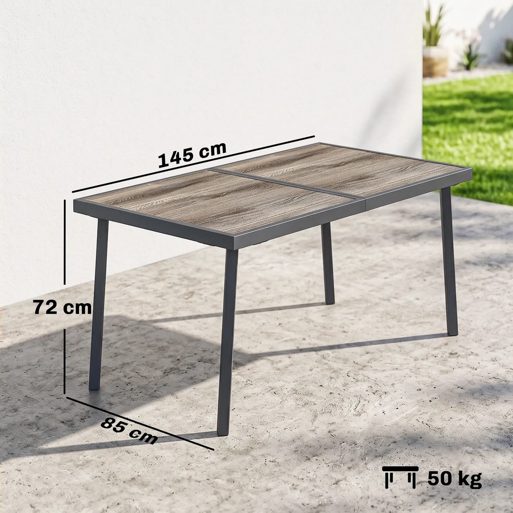 Outsunny zahradní stůl balkonový stůl 145 x 85 cm jídelní stůl pro 6 osob se vzhledem dřeva a šedým ocelovým rámem pro zahradu a terasu | Aosom.de