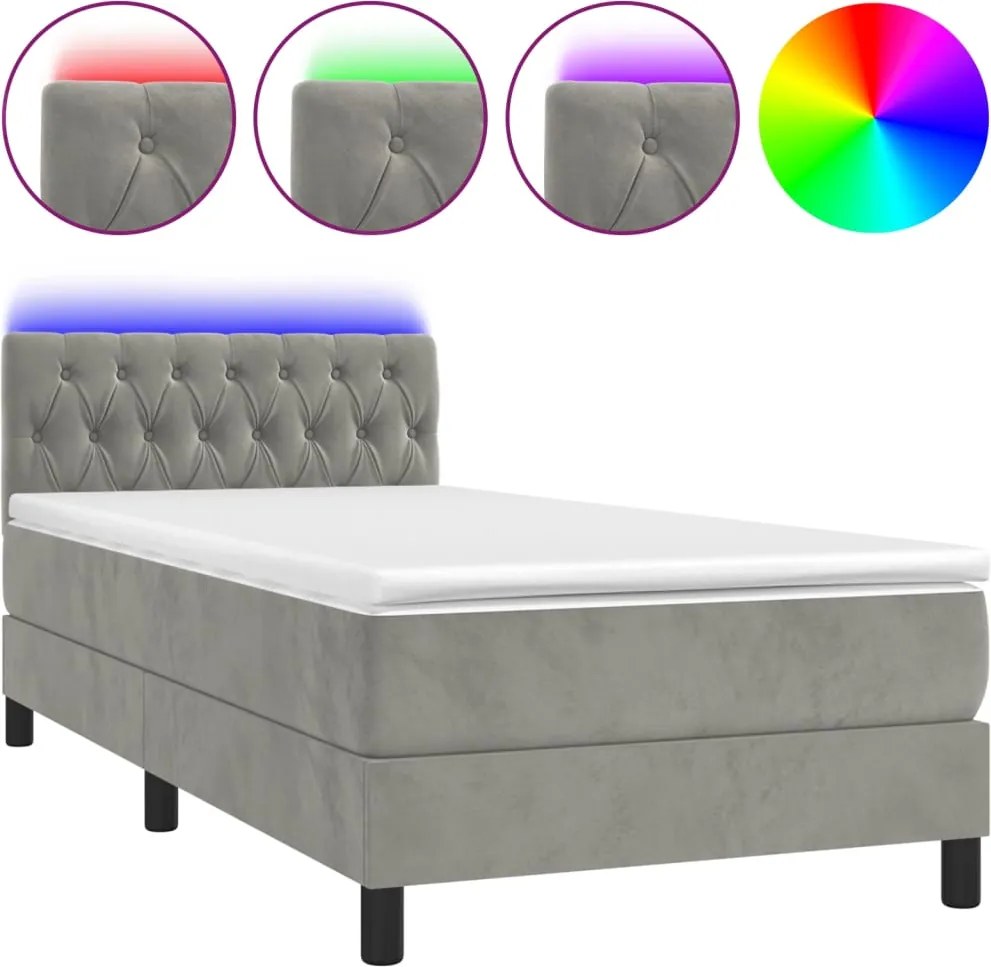 Box spring postel s matrací a LED světle šedá 100x200 cm samet 3134567