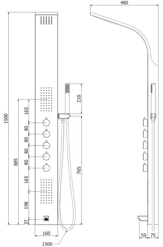 Mexen Timor, sprchový panel s výlevkou, černá matná, 7621-04-70
