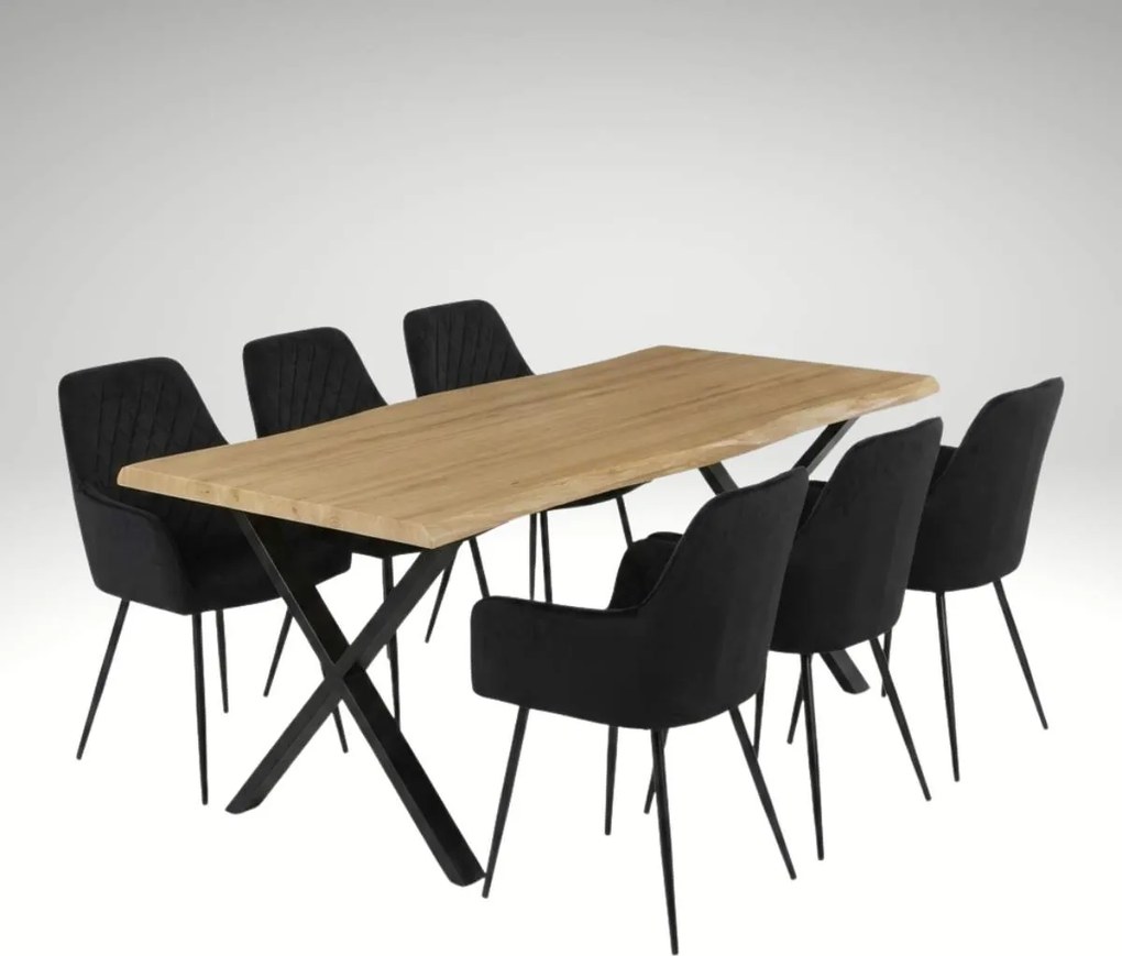 Vikio Jídelní set pro 6 osob 180x90 cm soft dub noha X černá židle s područkami VJS228-6C